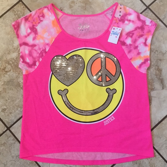 Justice | Shirts & Tops | Nwt Justice Pink Sequined Smiley Face Tshirt ...